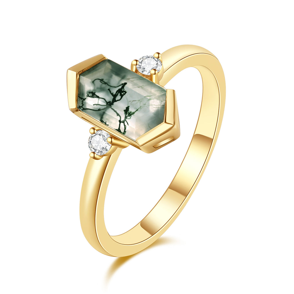 Verdant Hex • Hexagon Cut Moss Agate Promise Ring – hongkongglory